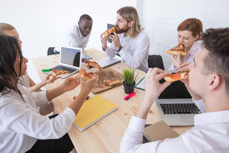 Diverse Team Workers Eating Pizza Stock Image Image Of Modern