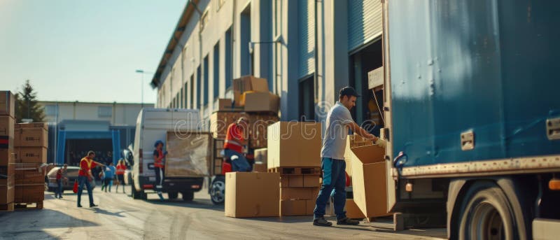 Diverse Team of Workers Loading Delivery Trucks with Cardboard Boxes ...