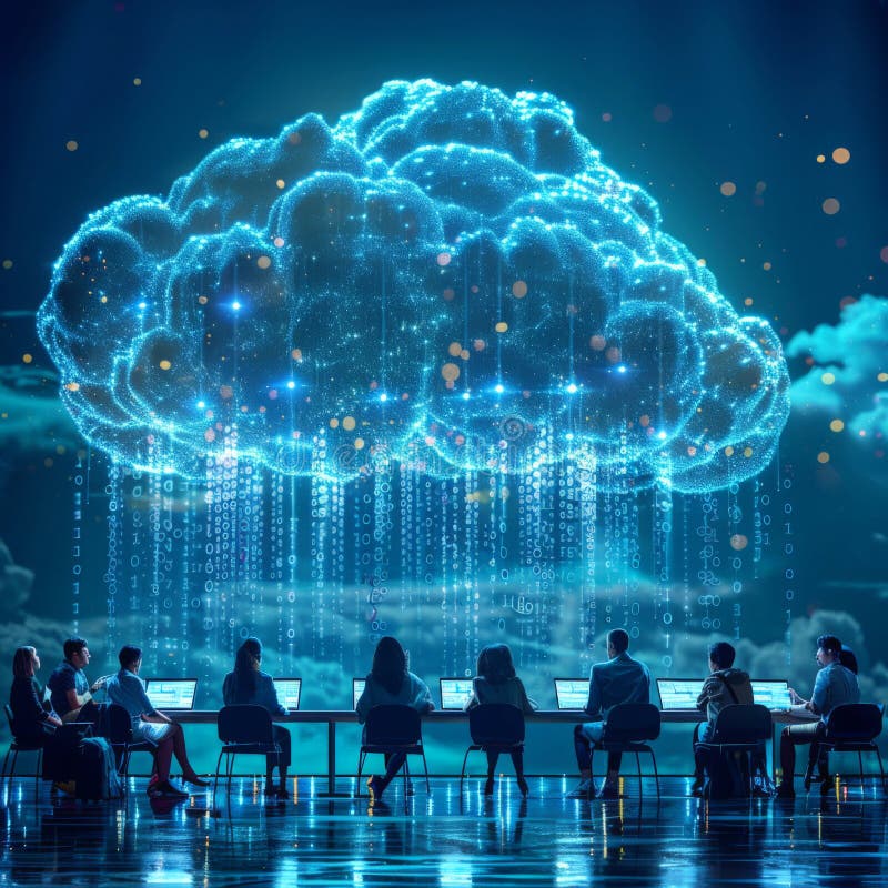 Diverse Team Collaborating on Cloud Computing with Glowing Binary Cloud ...