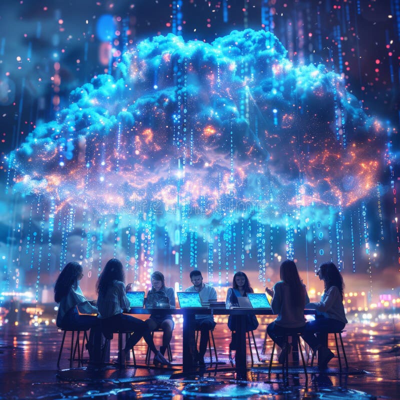 Diverse Team Collaborating on Cloud Computing with Glowing Binary Cloud ...