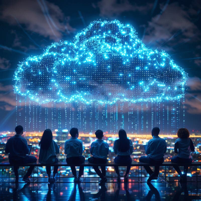 Diverse Team Collaborating on Cloud Computing with Glowing Binary Cloud ...