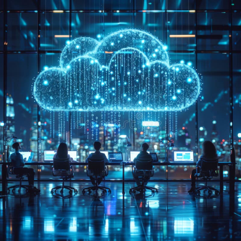 Diverse Team Collaborating on Cloud Computing with Glowing Binary Cloud ...