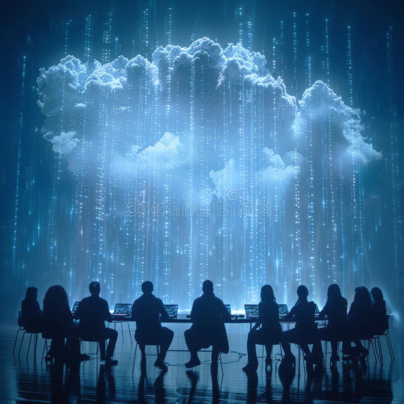 Diverse Team Collaborating on Cloud Computing with Glowing Binary Cloud ...