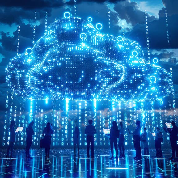Diverse Team Collaborating on Cloud Computing with Glowing Binary Cloud Stock Illustration ...