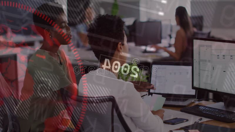 Diverse Team Working at Office with Data Processing Animation Overlay ...