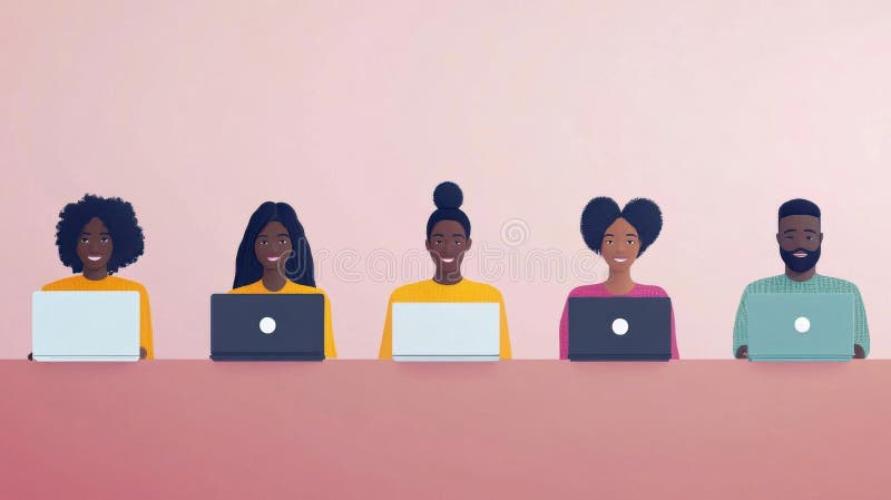 Diverse Team Works on Laptops with Teamwork and Success Concept Theme ...