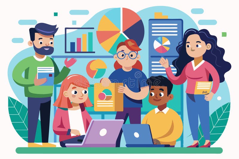 A Diverse Team Works Together at Laptops, Discussing Charts and Graphs ...