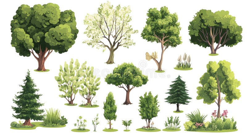 Diverse Trees and Garden Elements in Vibrant Display Stock Illustration ...