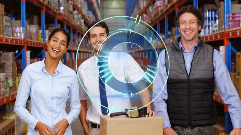 Diverse Warehouse Team Smiling with Digital Data Processing Animation ...