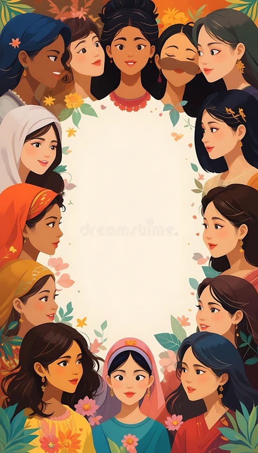 Diverse Women Circle Frame with Floral Elements Illustration for ...