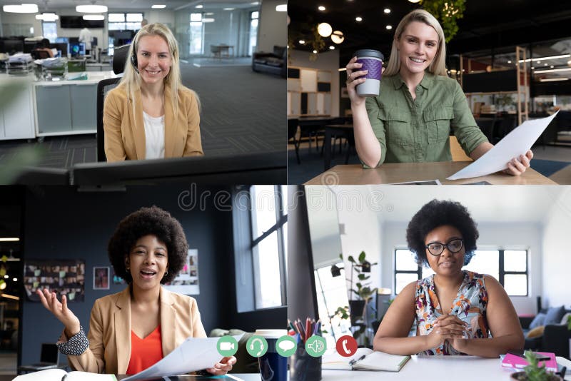 Diverse Women on Computer Screen during Video Chat Working in Office ...