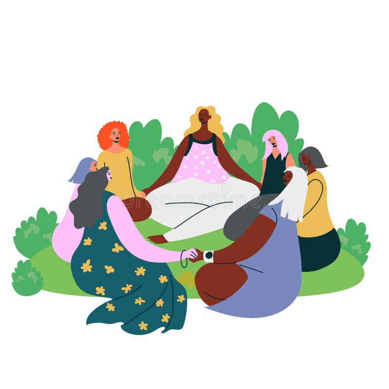 Diverse Women Group Sitting in Circle in Nature Isolated on White ...