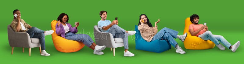 Diverse Young People Relaxing Using Smartphones while Sitting in ... Diverse Young People Relaxing Using Smartphones while Sitting in ...