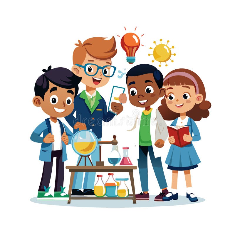Diverse Young Students Learning Science with an Educator Cartoon ...