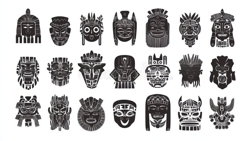 Diversity of Ancient Masks and Faces in Black and White Artwork Stock ...