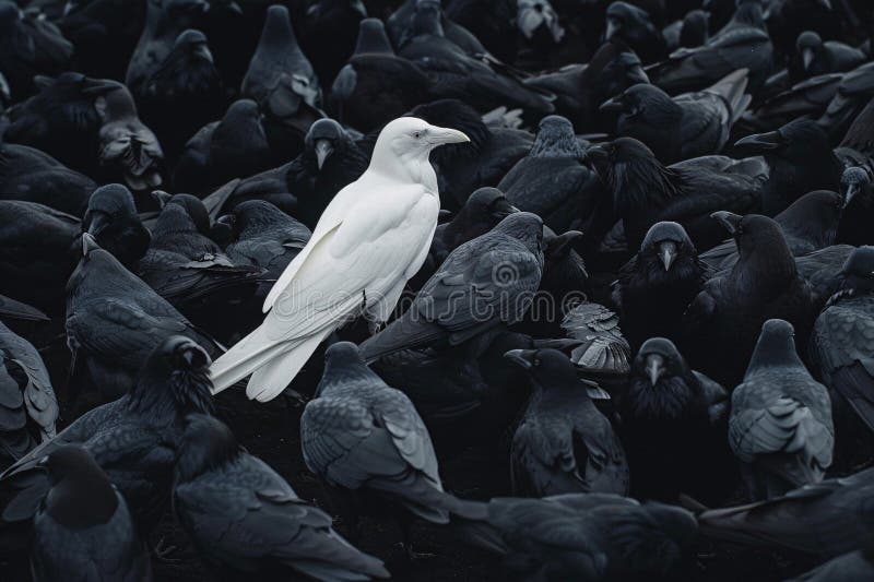 Diversity Concept, White Crow in Flock of Black Crows Stock Illustration - Illustration of crows ...