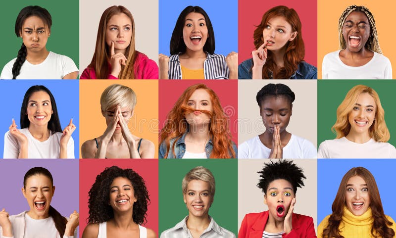 Multiple Collage of Diverse Females Expressing Different Emotions Stock ...