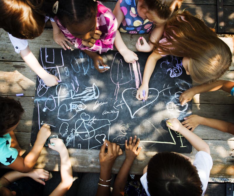 Diversity Group of Kids Drawing Chalk Board Stock Image - Image of ...