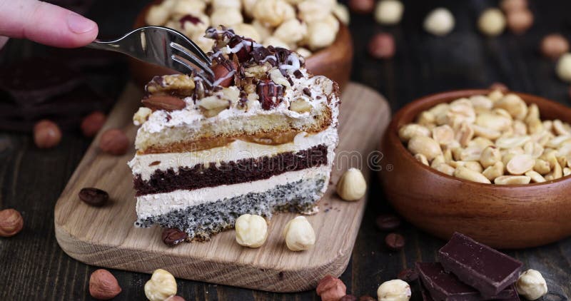 Cut Multi-layer Cake with Different Layers, Caramel, Poppy Stock Video ...