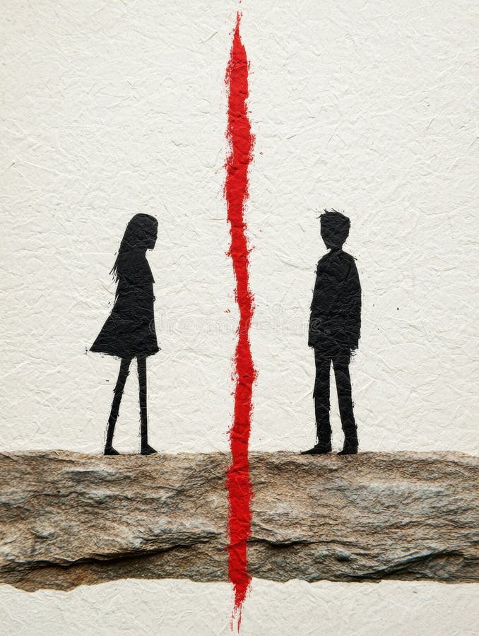 A Divided Couple Stands Apart, Separated by a Red Line. Stock ...