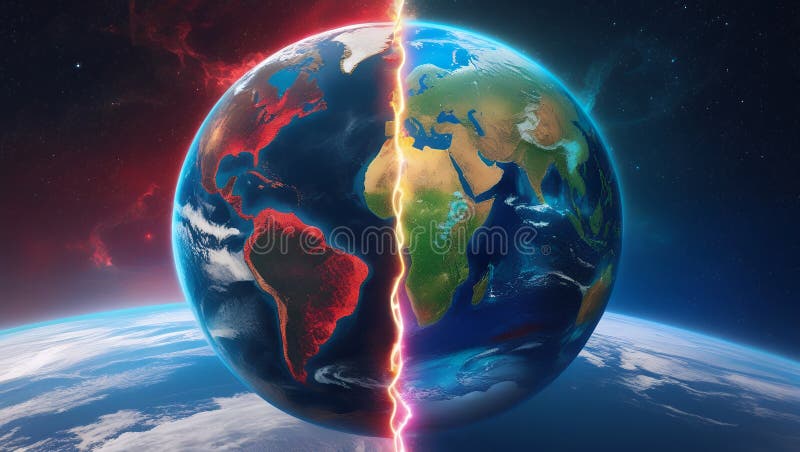 Divided Earth Globe with Lightning Effect between Contrasting ...