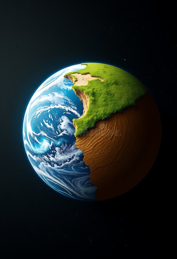 Divided Earth Planet Half Ocean Half Desert Space Background Stock ...