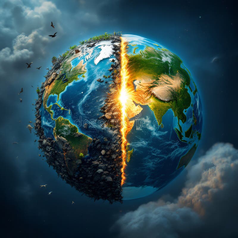A Divided Earth Showing Destruction and Thriving Nature Stock ...