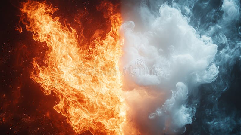 Divided Image, Two Parts, the Left Side is Burning Fire and the Right ...