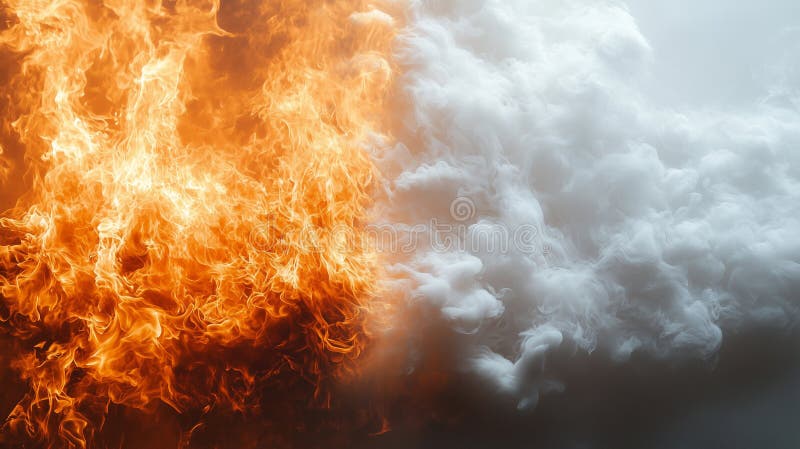 Divided Image, Two Parts, the Left Side is Burning Fire and the Right ...