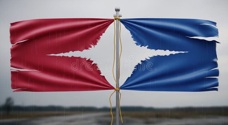 Divided Red and Blue Flags Tied Together - Symbol of Conflict and Unity ...