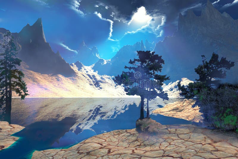 Painted Colorful Fantasy Landscape with a Traveler and a Waterfall ...