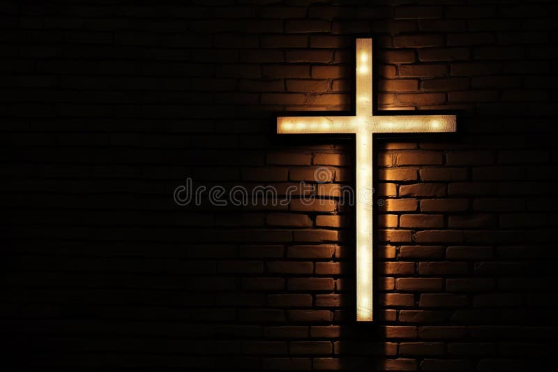 Divine Illumination Lighted Cross Background with Copy Space on Brick ...