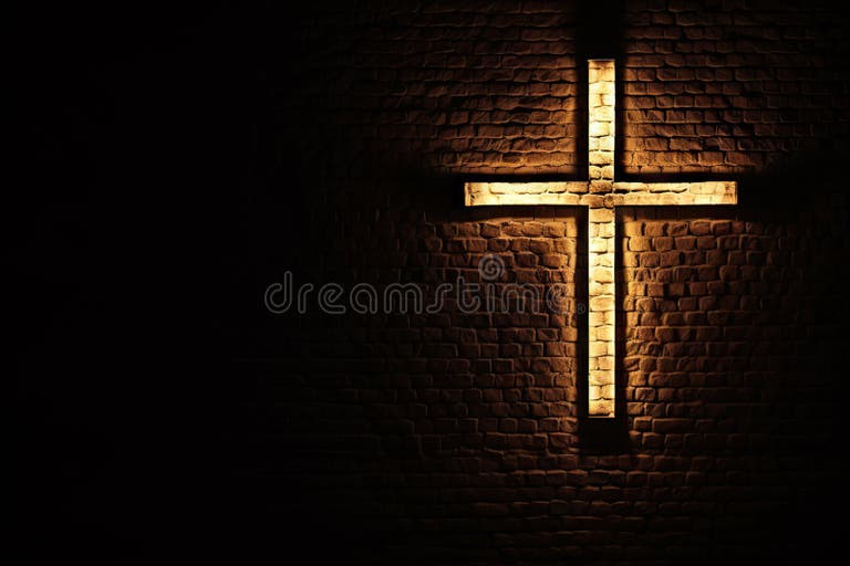 Divine Illumination Lighted Cross Background with Copy Space on Brick ...