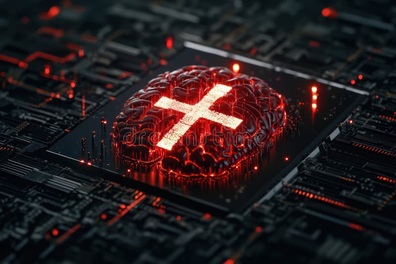 Christian Artificial Intelligence with Glowing Cross and Human Brain on ...