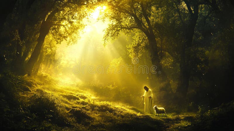 A Divine Light Illuminates a Lamb in a Dark Forest, Symbolizing Jesus ...