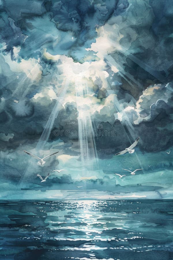 Divine Rays Shine Down through Clouds, Casting Light on a Quiet Ocean ...