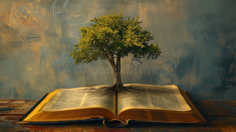 Divine Roots: Tree Sprouting from Holy Book. Stock Illustration ...