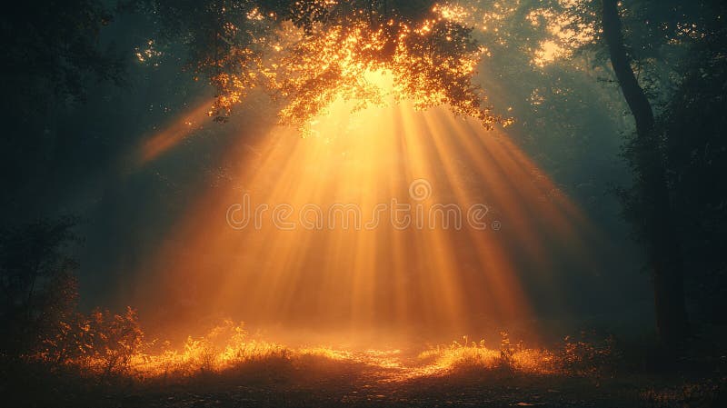 Divine Sun Rays Illuminating Mystical Forest Path Stock Illustration ...