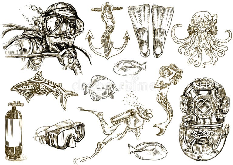Scuba Diving Sketch Drawing Stock Illustrations – 1,179 Scuba Diving ...