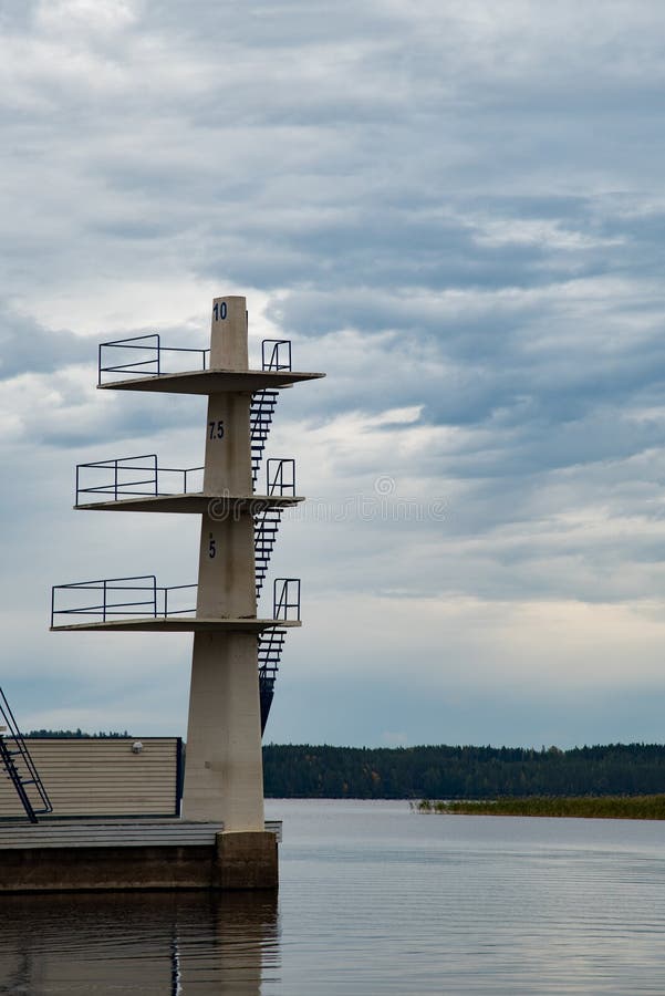 Diving Board Platform for Dive in the Lake. Cloudy Sky Copy Space for ...