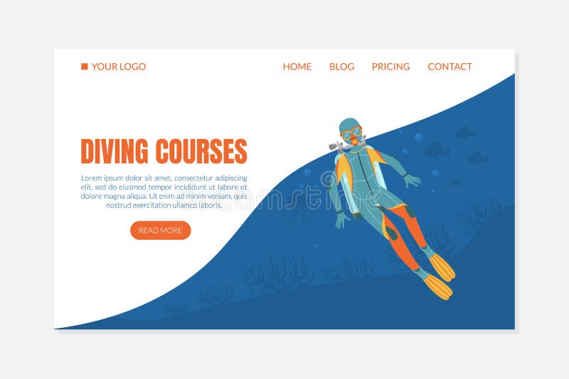 Diving Courses Landing Page Template, Diving Water Active Sport Vector ...