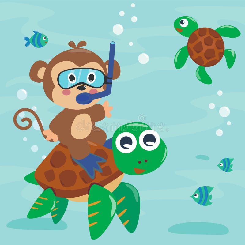 Diving with Funny Monkey and Turtle with Cartoon Style. Creative Vector ...