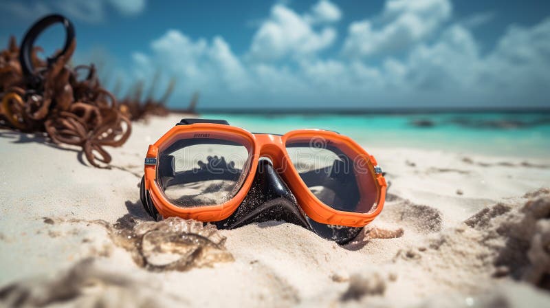 Diving Goggles and Snorkel Gear on White Sand Near Beach Stock ...