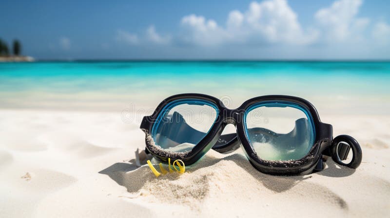 Diving Goggles and Snorkel Gear on White Sand Near Beach Stock ...