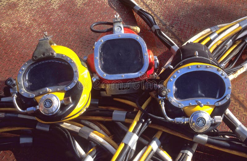 Diving Helmets on the Main Deck of an Offshore Platform. Stock Photo ...