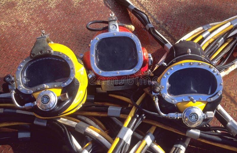 Diving Helmets on the Steel Main Deck Stock Image - Image of submersive ...