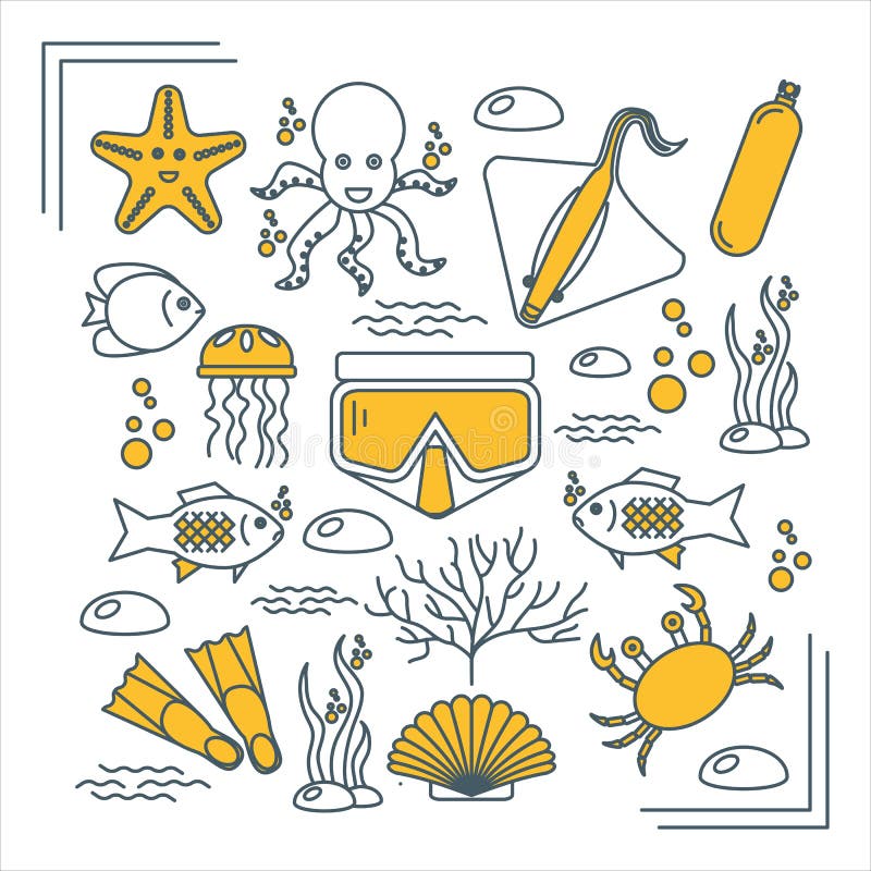 Diving Icons Set with Fish and Equipment Stock Vector - Illustration of ...