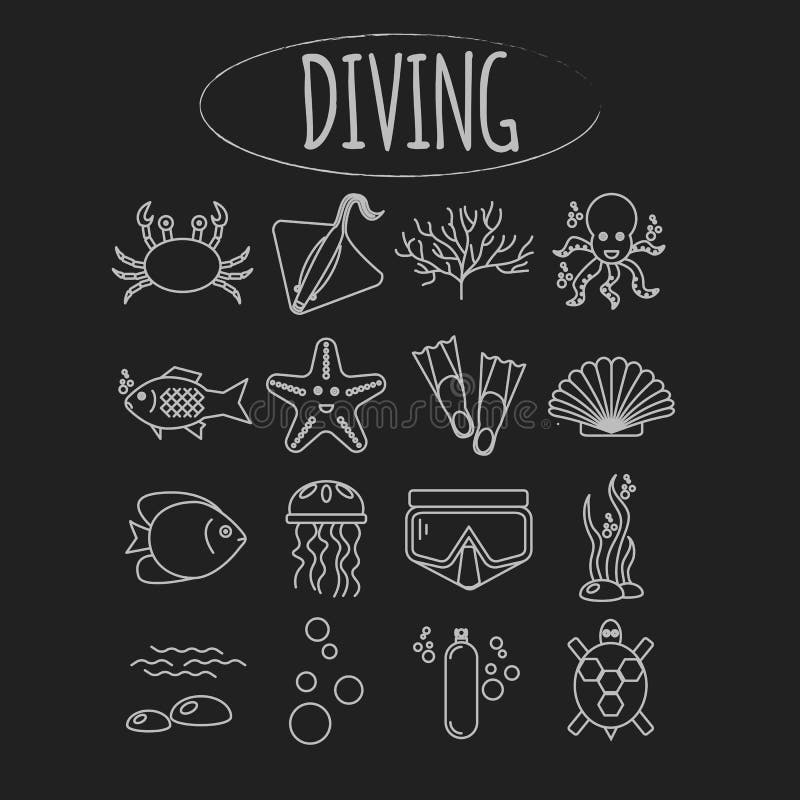 Diving Icons Set with Fish and Equipment Stock Vector - Illustration of ...