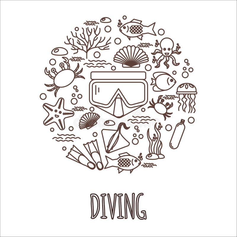 Diving Icons Set with Fish and Equipment Stock Vector - Illustration of ...