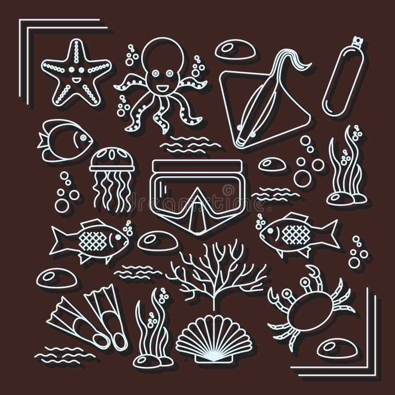 Diving Icons Set with Fish and Equipment Stock Vector - Illustration of ...